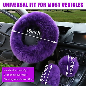 Ziciner 3PCS Wool Steering Wheel Cover with Fuzzy Handbrake Cover & Gear Shift Cover, Universal 15 Inch Steering Wheel Fluffy Soft Protector, Comforting Warm Car Decoration for Women Men (Purple)