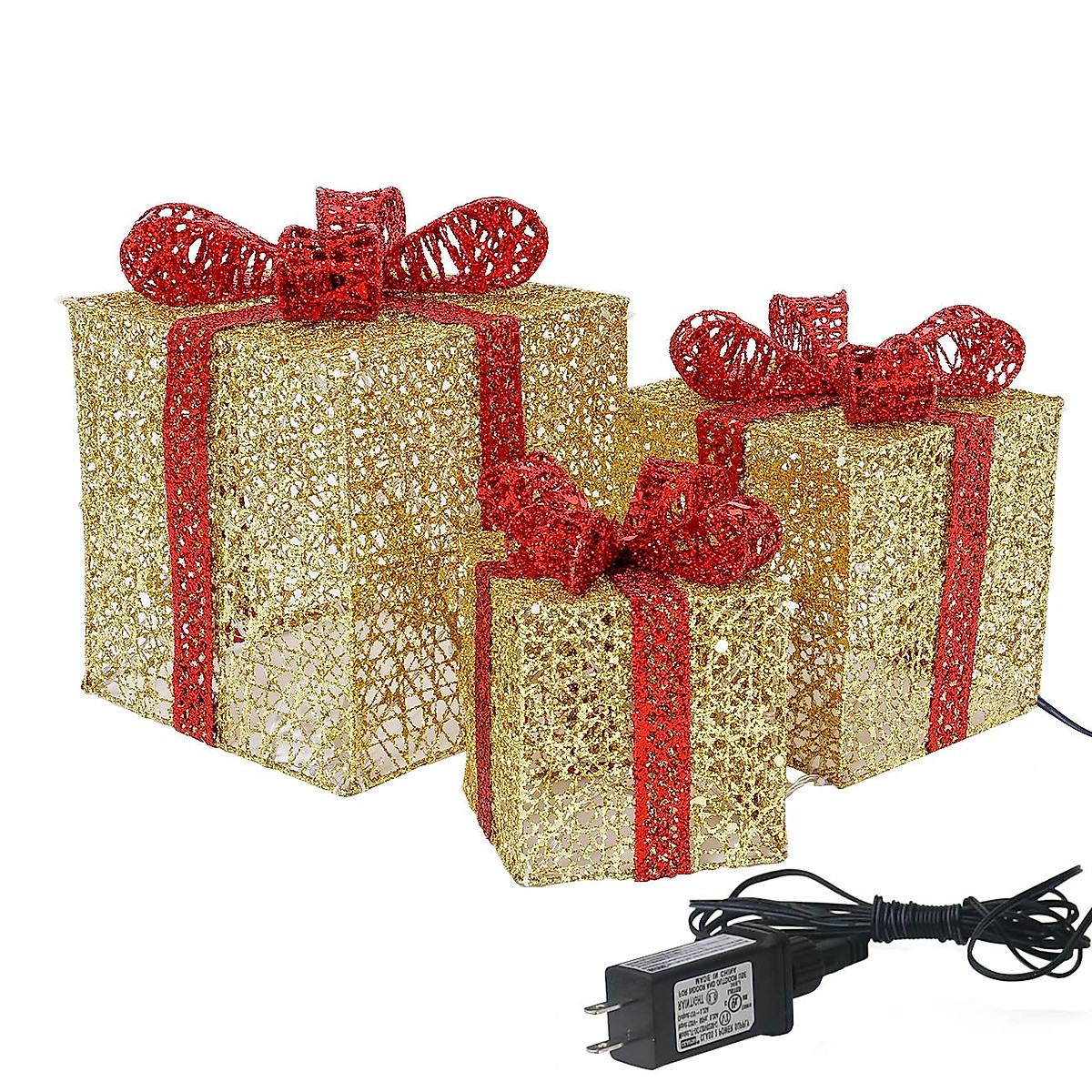 Sunnyglade 10”-8”-6” Set of 3 Christmas Lighted Gift Boxes with Plug for Christmas Decor, Weddings Yard Home Holiday Art Decorations (Gold)