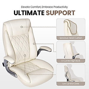 NEO CHAIR Office Chair Computer High Back Adjustable Flip-up Armrests Ergonomic Desk Chair Executive Diamond-Stitched PU Leather Swivel Task Chair with Armrests Lumbar Support (Ivory)