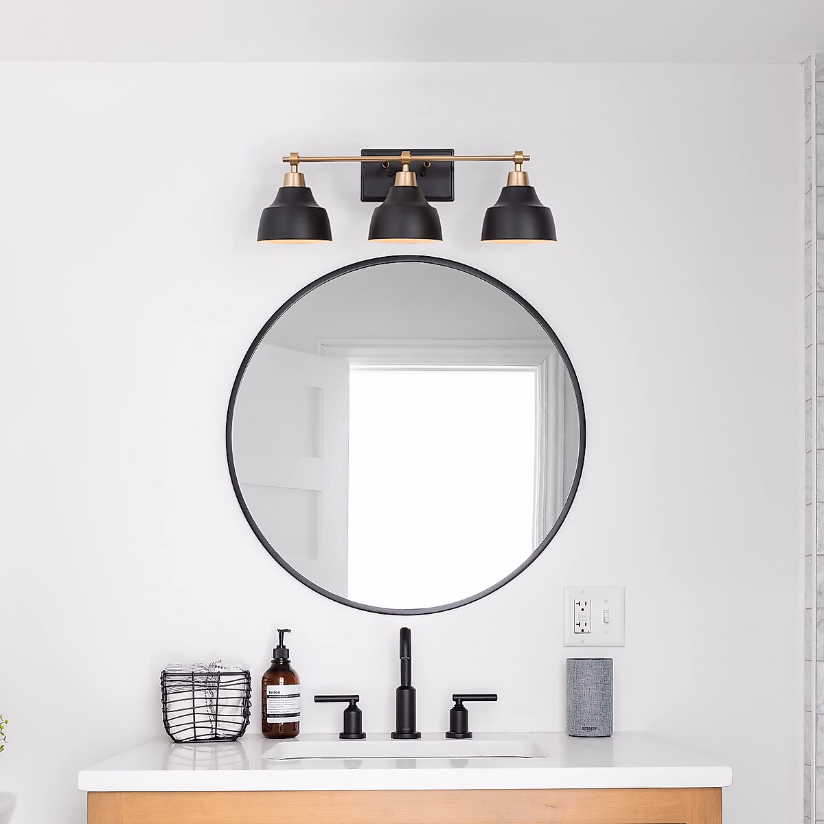 classy leaves Bathroom Light Fixtures, Farmhouse Bathroom Light Fixtures, 3-Light Bathroom Vanity Light with Black Metal Shade and Gold Socket for Bathroom, Hallway, 24.5’’ L x 7’’ W x 8’’ H