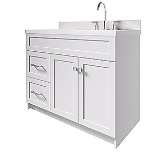 ARIEL Hamlet 43 Inch White Bathroom Vanity with Sink, 1.5" Edge Quartz Countertop, Solid Wood, Right Oval Sink, 2 Soft-Closing Doors & 2 Full Extension Drawers, Toe Kick