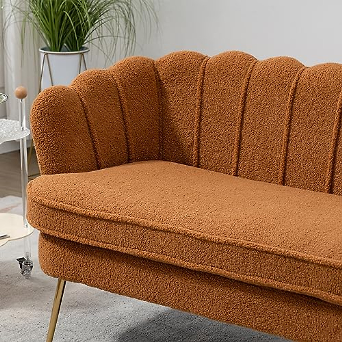 59" Wide Modern Loveseat Small Sofa Couch Mini Room Couch Boucle Upholstered Two-Seater Sofa with Gold Metal Legs, Channel Tufted Back Loveseat Sofa for Small Space Bedroom Studio Apartment, Caramel