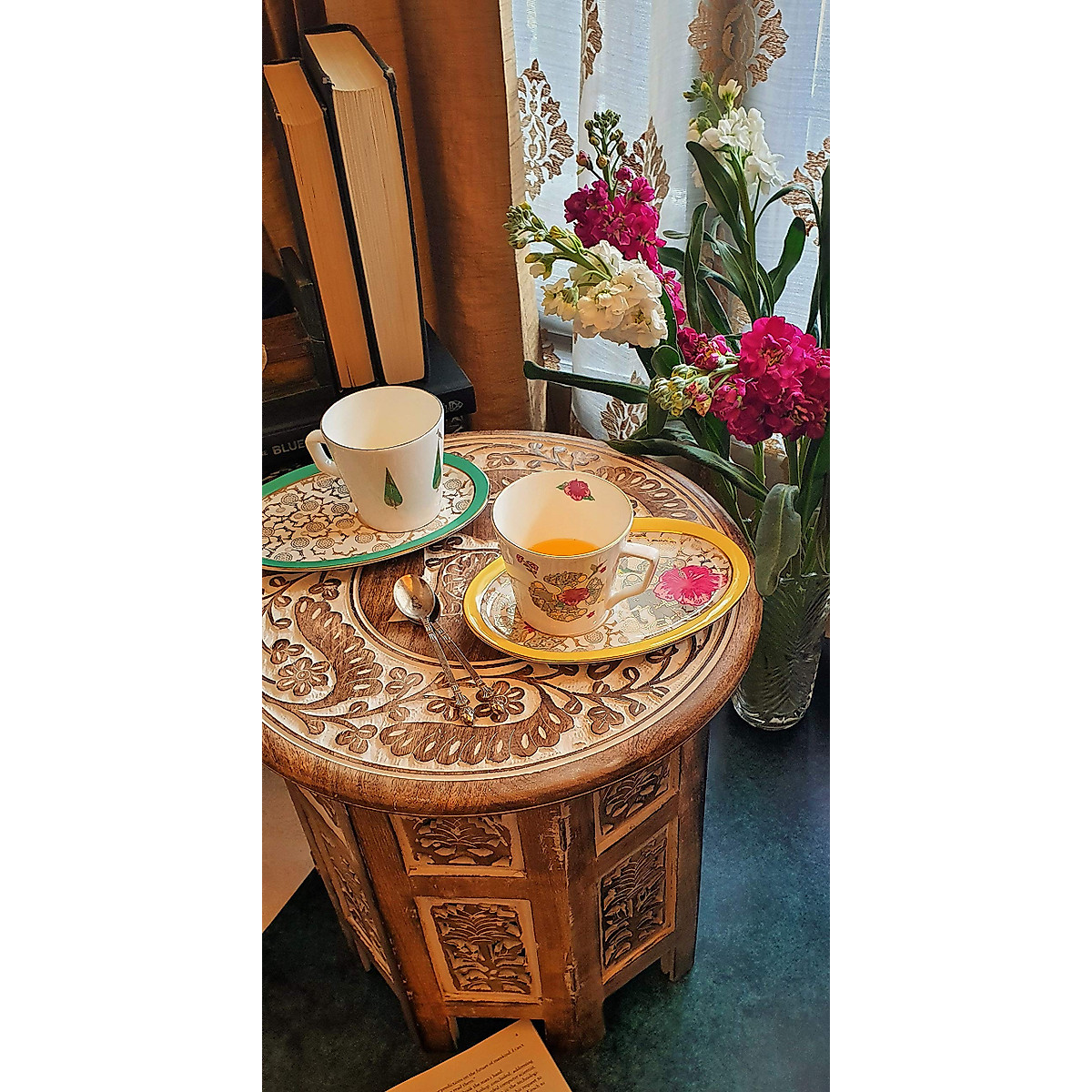 SAVON Small Rustic Wood Table Round White Side end Carved Indian Coffee Accent