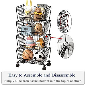 PUSDON 4-Tier Stackable Metal Storage Baskets, Anti-Rust Fruit Vegetable Rack, Dual Use Shelf for Kitchen, Home & Office, Black