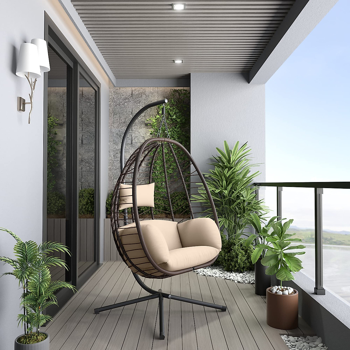 Delnavik Egg Chair with Stand Hammock Chair Wicker Rattan Patio Hanging Egg Chair, Indoor Outdoor Swing Egg Chair with Cushion Headrest for Patio Bedroom Porch Garden Balcony, Sand