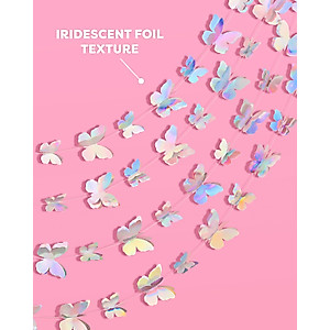 xo, Fetti 3D Iridescent Butterfly Hanging Garland - 4 pcs, 12' | Bachelorette Party Decorations, Birthday Supplies, Baby Shower Photo Booth, HBD, Garden Party Favors, Y2k