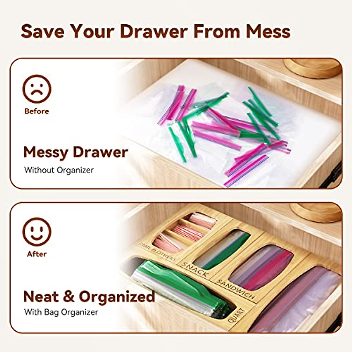 Art Secret Food Storage Bag Organizer Holder, Bamboo Storage Dispenser, Sandwich Bag Organizer for Gallon, Quart, Sandwich, Snack Variety Size Bag - Set of 5