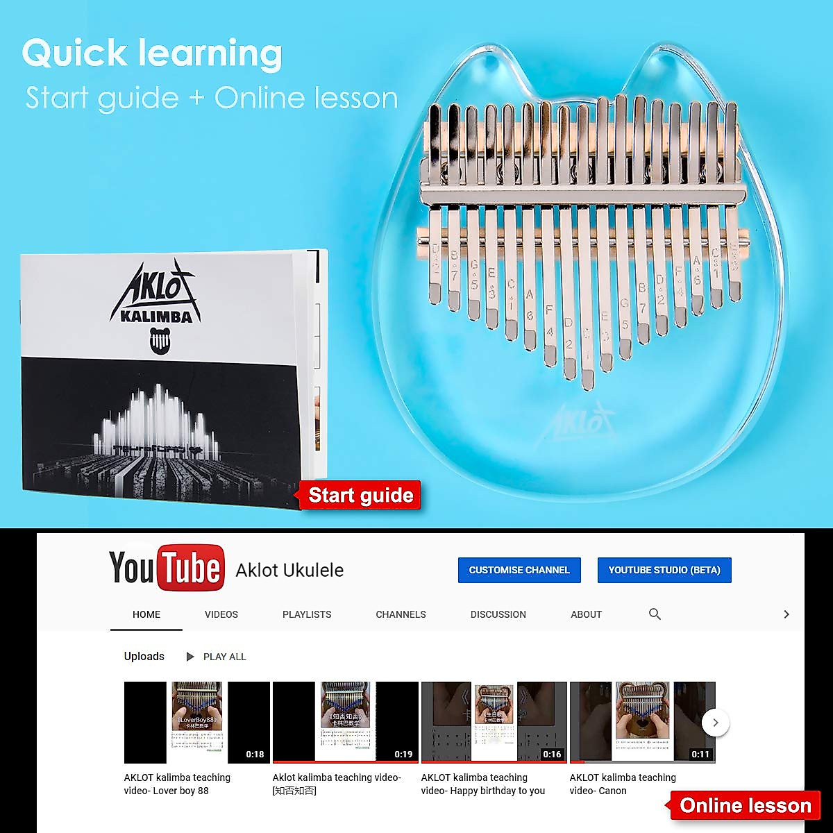 Kalimba Thumb Piano, AKLOT 17 Keys Transparent Acrylic Cat Note Carved Starter Finger Piano with Kalimba Case Tune Hammer Study Booklet Stickers