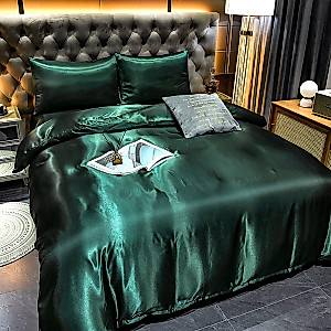 Erosebridal Hotel Green Duvet Cover Set Queen Silk Like Satin Bedding Set Summer Reversible Comforter Cover Honeymoon Sexy Luxury Soft Lightweight Brushed Bedspread Cover for Farmhouse Bedroom Decor