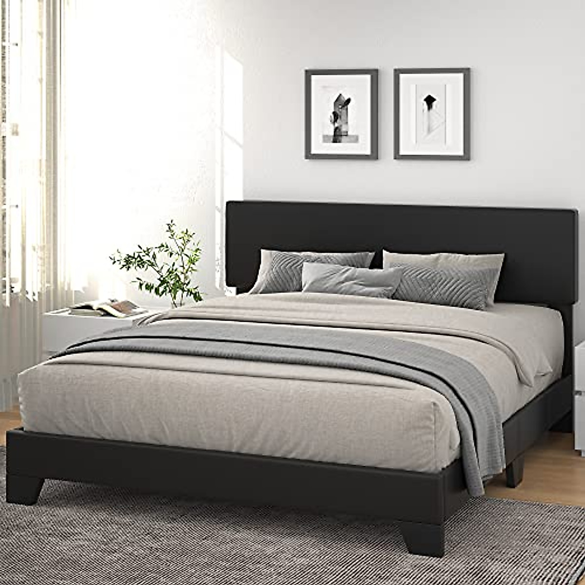 Allewie King Size Upholstered Platform Bed Frame with Adjustable Headboard, Sturdy Wood Slat Support, Easy Assembly, Black
