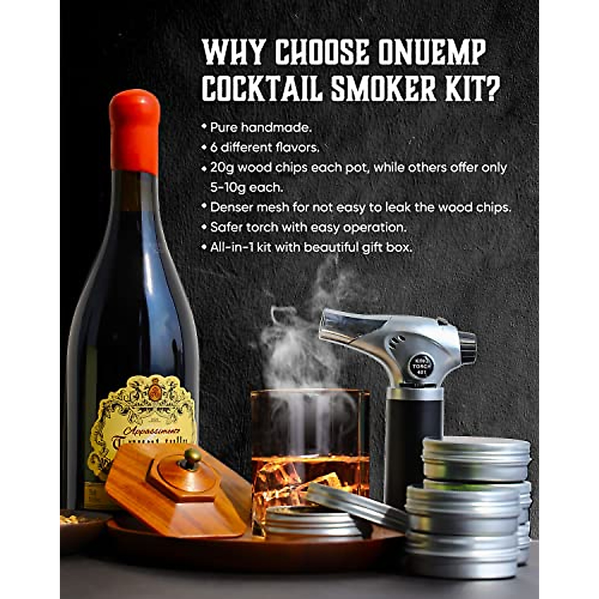 Cocktail Smoker Kit with Torch, ONUEMP Old Fashioned Kit with 6 Flavor Wood Chips for Whiskey and Bourbon, Aged Drink Smoker Infuser Kit, Smoke Top Bar Gifts for Whiskey Lovers Men Father (No Butane) …