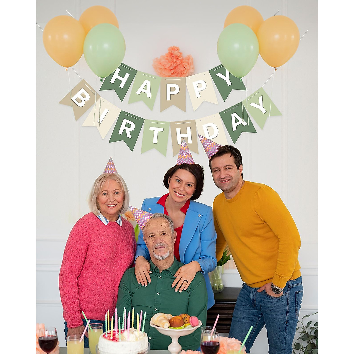 JarThenaAMCS Sage Green Happy Birthday Banner Birthday Theme Ivory Brown Hanging Banner Handmade Party Bunting Garland for Birthday Party Tea Party Baby Shower Home Nursery Backdrop Decor