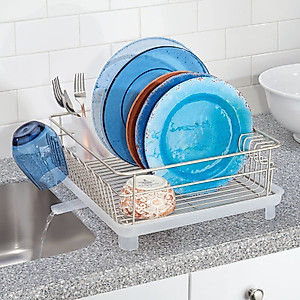 mDesign Large Metal Wire Kitchen Countertop, Sink Dish Drying Rack - Removable Plastic Cutlery Tray, Drainboard with Adjustable Swivel Spout - 3 Pieces - Satin/Clear Frost