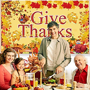 Fecedy Give Thanks Extra Large Fabric Sign Poster Banner Backdrop Pumpkin Maple Leaf Turkey Corn Fruit for Thanksgiving Day Party Decorations Welcome Autumn Hang Outdoor Indoor