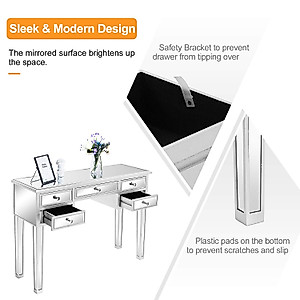 VINGLI Mirrored Vanity Desk with 5 Drawers, Modern Console Table/Sofa Table/Makeup Table (Silver, 41'' x 14'' x 30'')