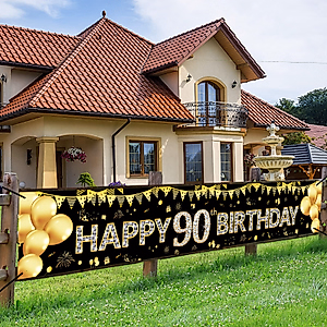 90th Birthday Banner Decorations for Women Men, Black Gold Happy 90 Year Old Birthday Sign Party Supplies, Ninety Birthday Photo Booth Props Decor(9.8 X 1.6ft)
