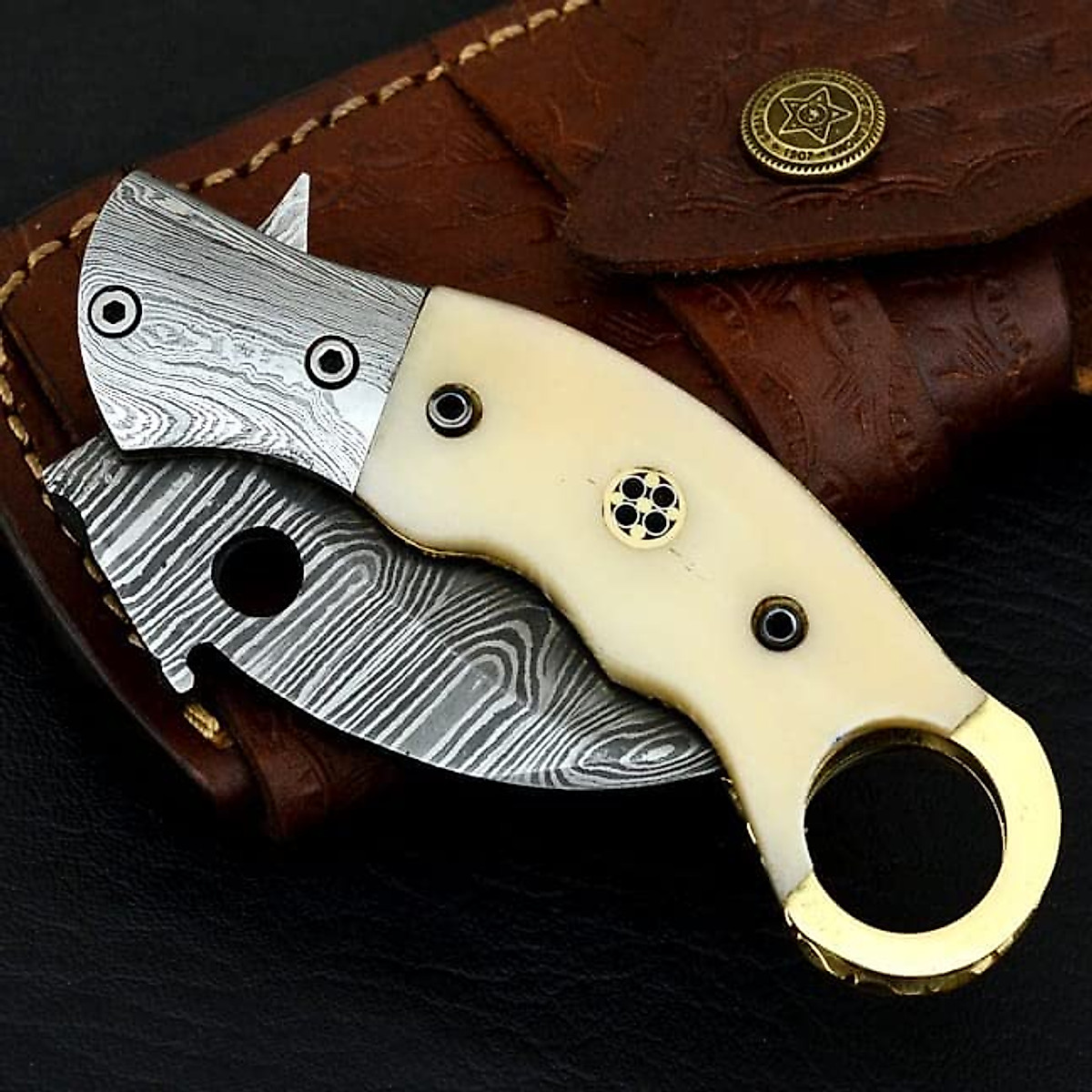 Custom Handmade Damascus Steel Karambit Folding Knife Pocket Knife Everyday Carrying Knife Camel Bone Handle with Leather Sheath