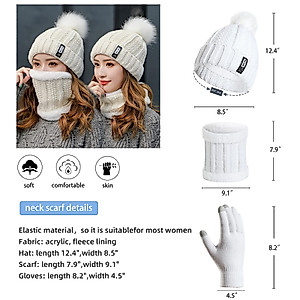 Pom Beanie Hat Scarf Gloves Set 3 in 1 Warm Thick Lining Slouchy Beanie Hats Scarf Touch Screen Gloves for Womens Girls (White)
