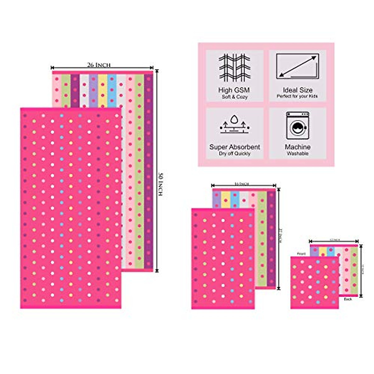 ORIGINAL KIDS 6 Piece Towel Set - Bath Time Sugar & Spice - 2 Bath Towels, 2 Hand Towels, 2 Washcloths in Bonus Tote Bag - 100% Cotton Jacquard Soft Absorbent Pool Beach Towel Gift - Pink Multicolor