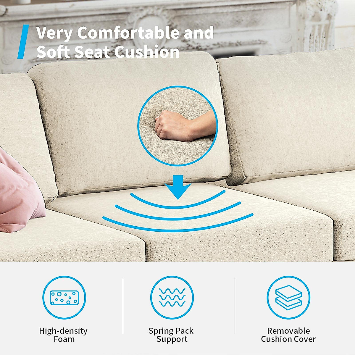 Mjkone L Shaped Sofa Couch, 4-Seat Oversized Sectional Sofa for Living Room, Convertible Modular Sofa with Storage Ottoman, Reversible Chaise with Footstool, Furniture Settee with Pouf - Beige