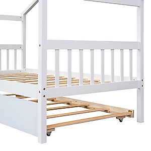GOWE Twin Size Wooden House Bed with Twin Size Trundle, White