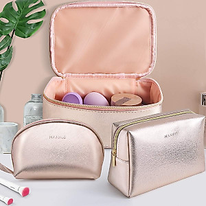 MAANGE 3 Pcs Makeup Bag Portable Travel Cosmetic Bag Large Makeup Bag Organizer with Gold Zipper Waterproof Toiletry Bags for Women and Girls(Rose Gold)
