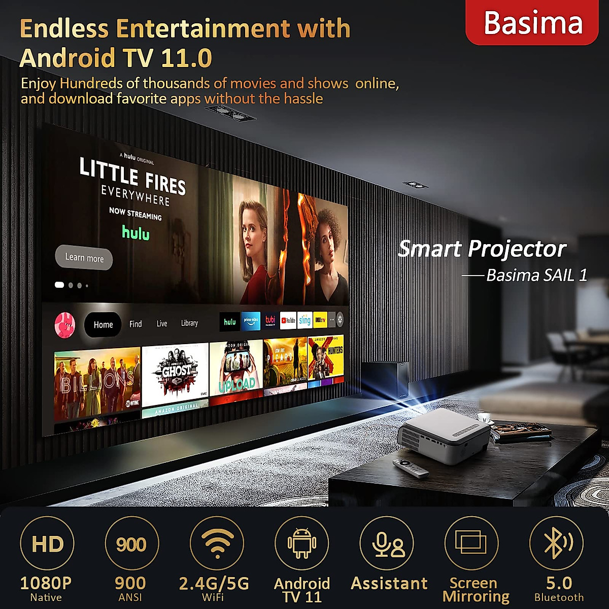 Smart Projector, Android 11.0 Native 1080P Portable WiFi and Bluetooth Projector, Outdoor 4K Projector Support Netflix & Prime Online Video & 8000+APPs, Auto Focus Home Theater Gaming Proyector