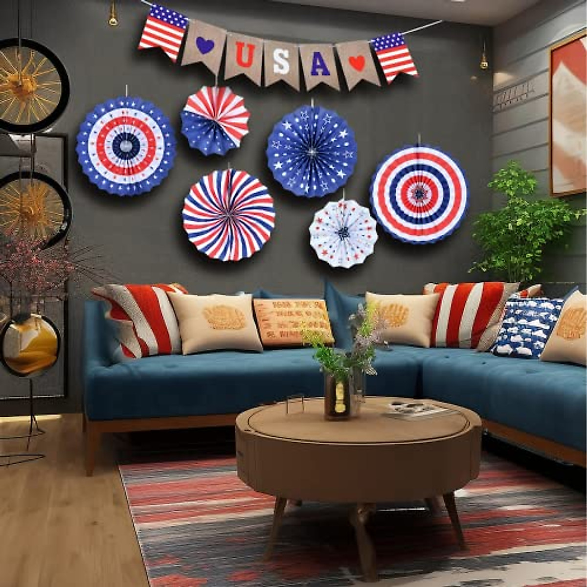 4th of July Decorations Independence Day Patriotic Decor Set - Red White Blue Paper USA Banner Flag Fans Star Streamer Pom Poms for Memorial Veterans Labor Presidents Flag Day Home Parties Accessories