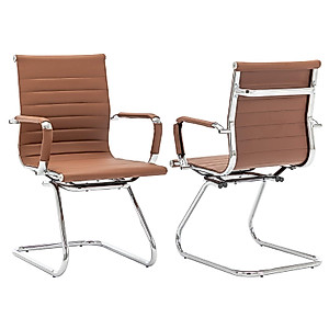 Guyou Office Reception Guest Chair Mid Back PU Leather Metal Leg Sled Base Conference Reception Room Chairs with Arms (Coffee, 2 PCS)