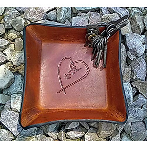 3rd Anniversary Leather Tray. Distressed Leather Valet with Heart.