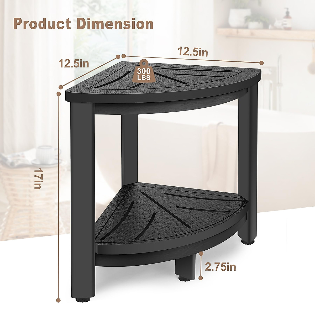 MOVNOECO Corner Shower Stool, High impact polystyrene Lumber Shower Foot Rest for Shaving Legs, Waterproof Corner Shower Bench Suitable for Small Shower Spaces, Black Shower Bench with Storage Shelf