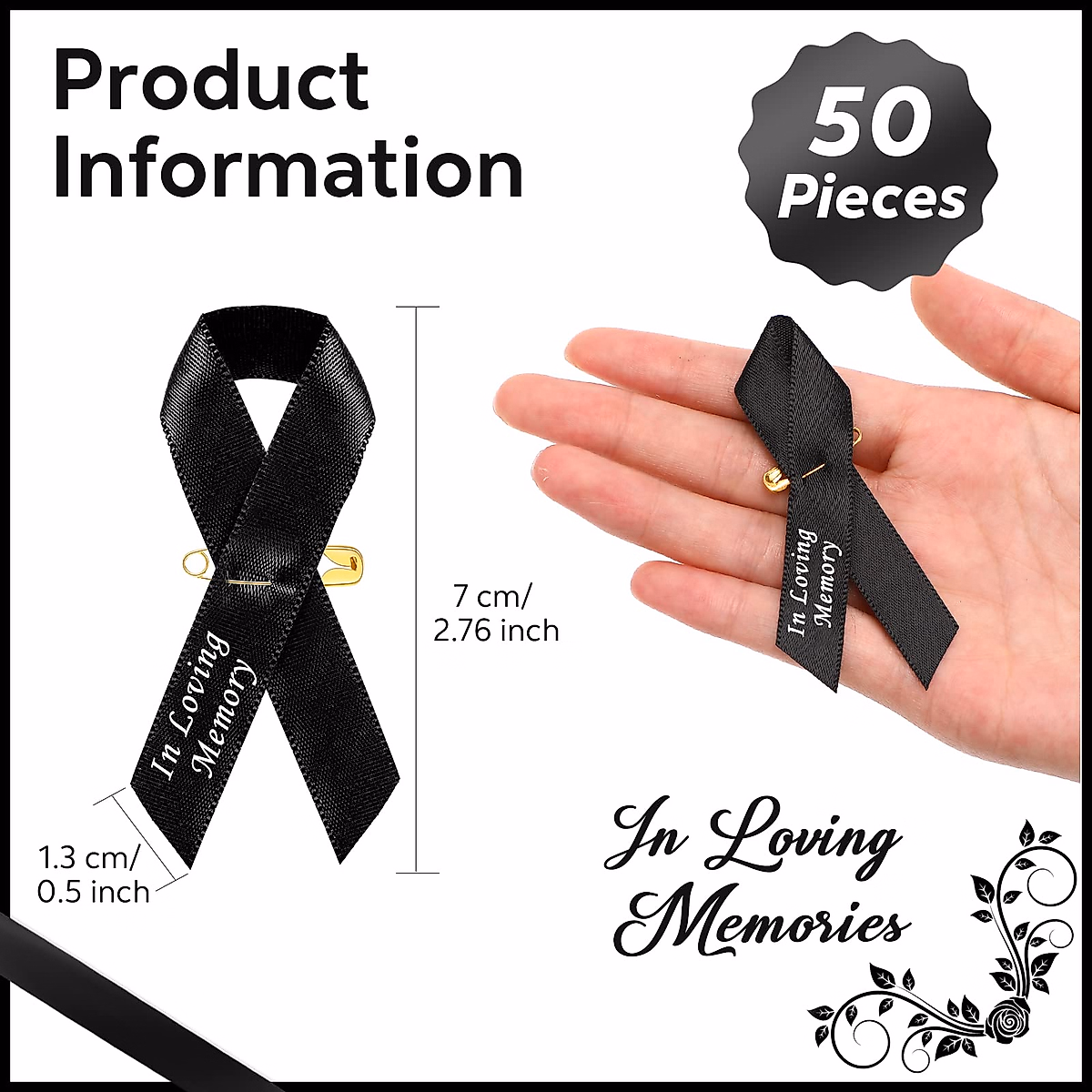 50 Pcs Funeral Ribbons Pins Black Memorial Ribbon in Loving Memory Ribbon Mourning Sympathy Ribbons with Safety Pins for Funeral Event Bereavement Remembrance Service
