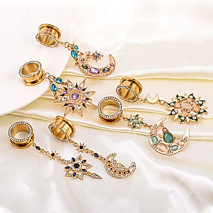 TBOSEN 3 Pairs Gold Dangle Charms Stars Moon Styles Screw Ears Tunnels Gauges Crystal Earrings Expanders Piercing Jewelry Fashion Gift 2g-5/8 in 6mm-16mm