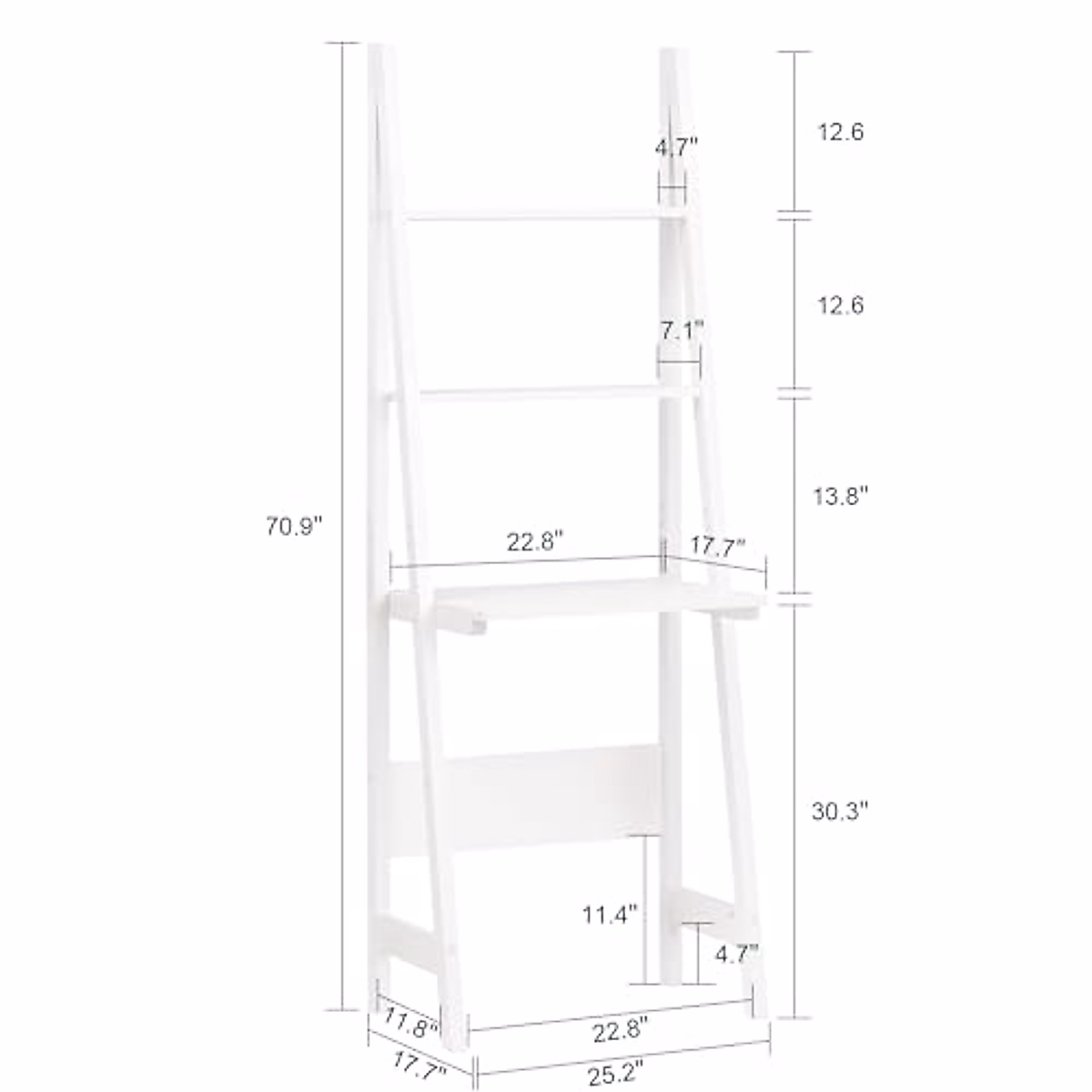 Haotian Ladder Shelf Desk Freestanding Bookshelf Space Saving Workstation Dresser Shelf Leaning Computer Desk with Shelves for Small Space, White FRG60-W