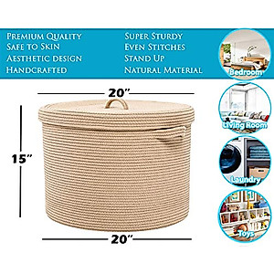 20" x 20" x 15" Extra Large Storage Basket with Lid, Cotton Rope Storage Baskets, Laundry Hamper, Toy Bin, for Toys Blankets Pillows Storage in Living Room Baby Nursery, Basket with Cover, All Beige