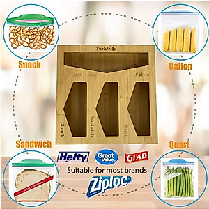 TuckMeIn Ziplock Bag Storage Organizer, Bag Organizer Holders, Bamboo, Gallon, Quart, Snack, Sandwich and Slider Bag Dispenser, Compatible with Ziploc Hefty Glad Solimo