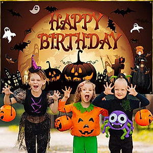 Vlipoean Halloween Happy Birthday Party Decorations, Mysterious Brown Sky Moonlight Halloween Birthday Photography Backdrop, 70.86 x 43.3 Inch Pumpkin Ghost Witch Castle Bat Halloween Theme Birthday