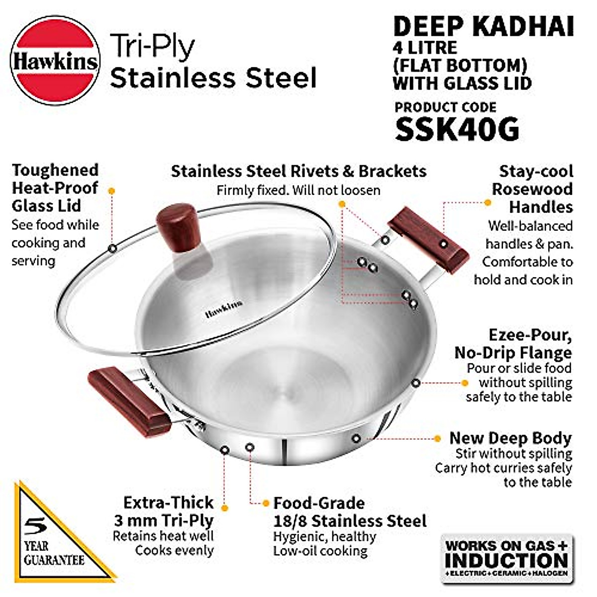 HAWKINS Tri-Ply Stainless Steel Induction Compatible Deep Kadhai (Deep-Fry Pan) with Glass Lid, Capacity 4 Litre, Diameter 28 cm, Thickness 3 mm, Silver (SSK40G)