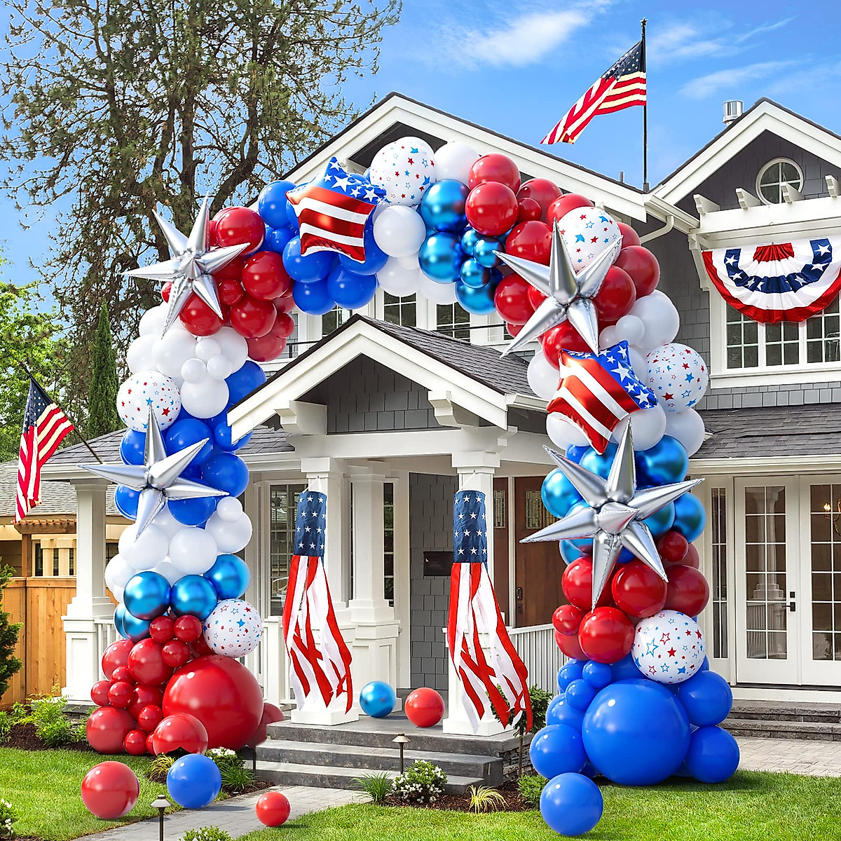 151pcs Red White and Blue Balloon Garland Arch Kit Patriotic Decorations with Exploding Star Balloons for Graduation Party Supplies Nautical Party Veterans Memorial Day 4th of July Baseball Party