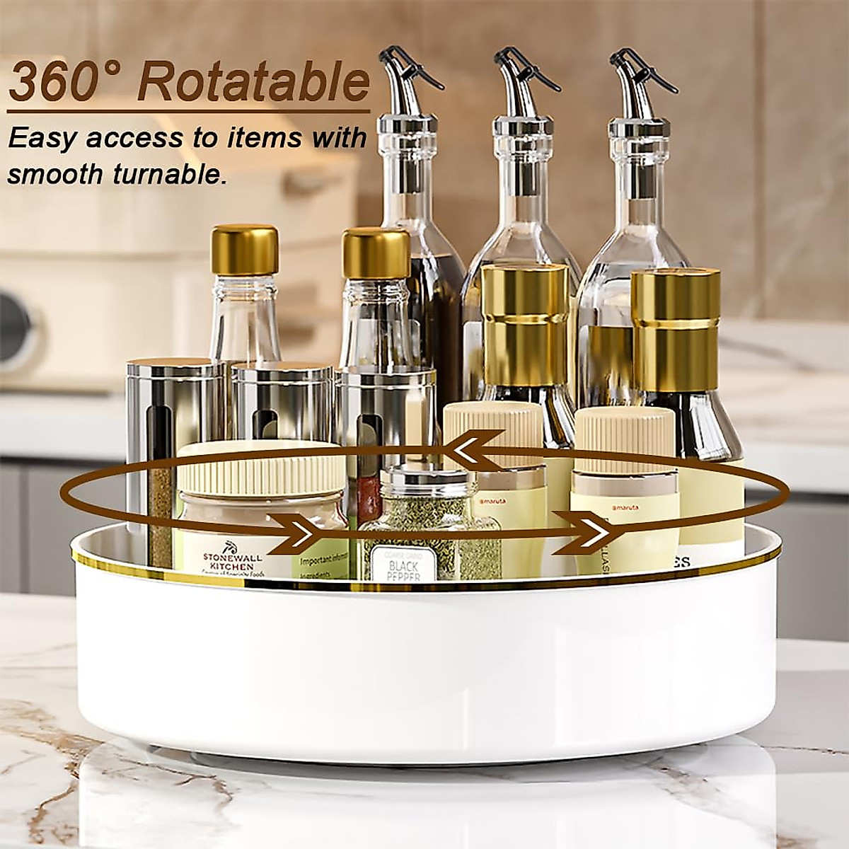 Lazy Susan Turntable Organizer for Cabinet- Spice Rack, Makeup Perfume Organizer Plastic Non-Slip Rotating Containers for Kitchen, Office, Bathroom-9"+12" Lazy Susan Organizers (White-2Pack)