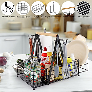 E EASTSTORM Grill Caddy Metal BBQ Caddy with Paper Towel Holder Utensil Caddy Picnic Condiment Caddy Large BBQ Grill Tool Holder Organizer Storage Adjustable Compartment Storage