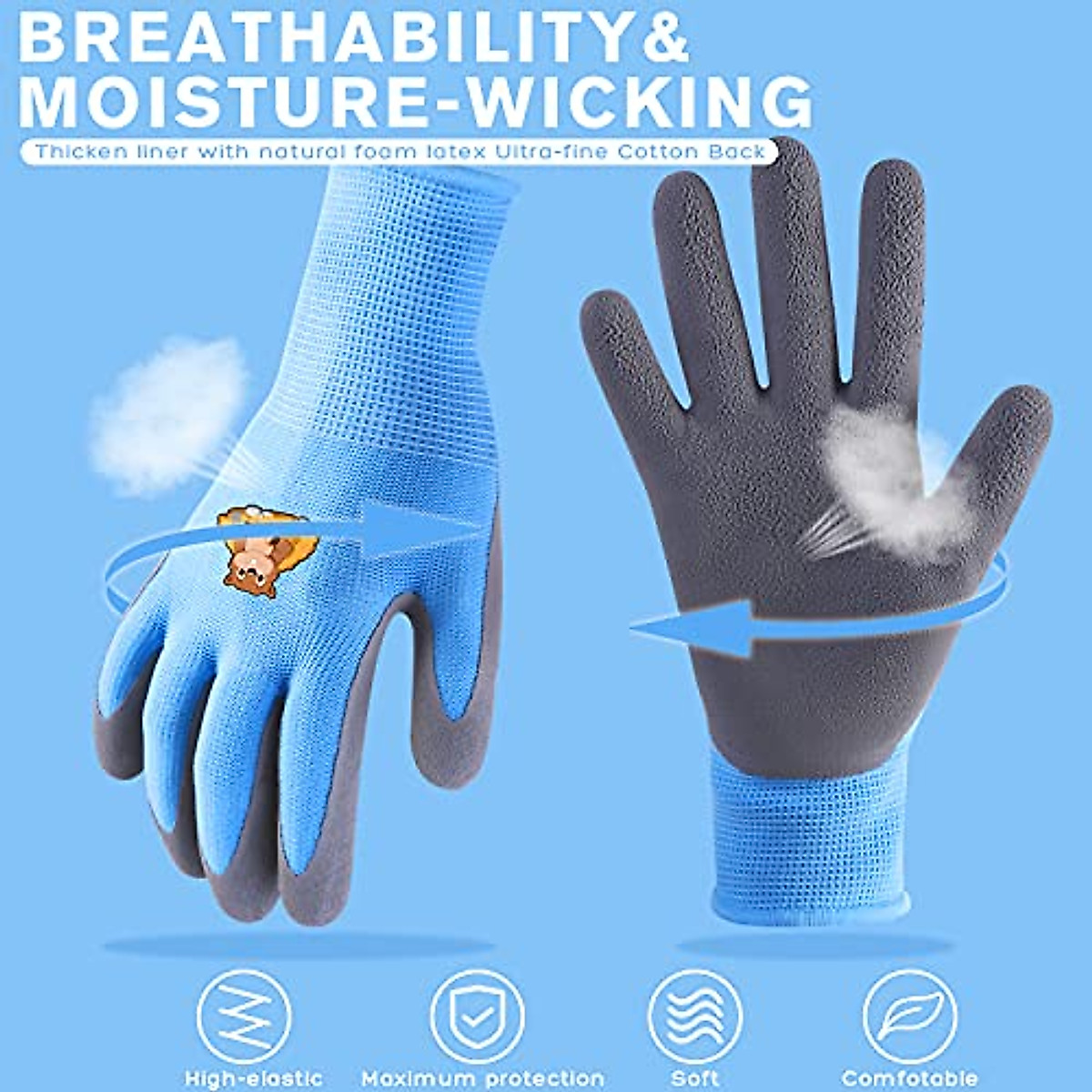 OUMEE 4-Pairs Kids Gardening Gloves for Age 3-9 Natural Latex Coated Garden Yard Work Gloves for Toddlers Girls Boys (XX-Small (Pack of 4))