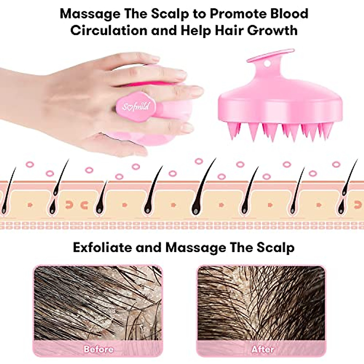 Shampoo Brush, Silicone Scalp Massager Hair Brush Head Massager Hair Growth Scrubber for Straight Curly Long Short Thick Thin Wet Dry Hair for Men Women Kids Pets , White