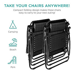 Best Choice Products Set of 2 Adjustable Steel Mesh Zero Gravity Lounge Chair Recliners w/Pillows and Cup Holder Trays, Black