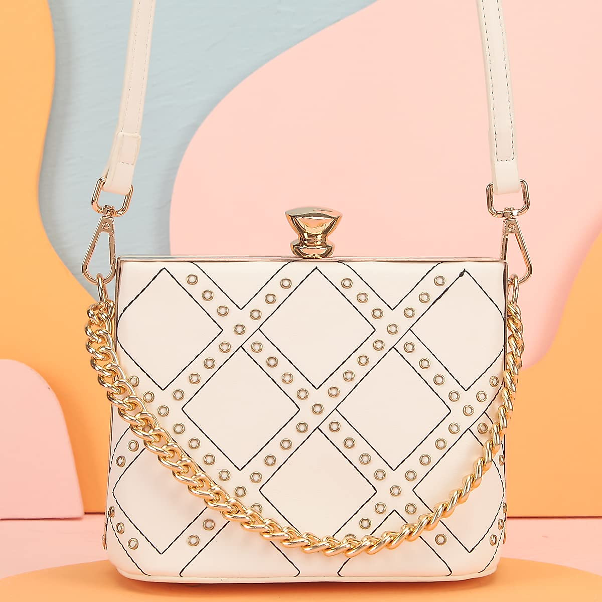 Fawziya Evening Clutch Studded Diamond Thick Chain Novelty Medium Purses For Women Formall-White