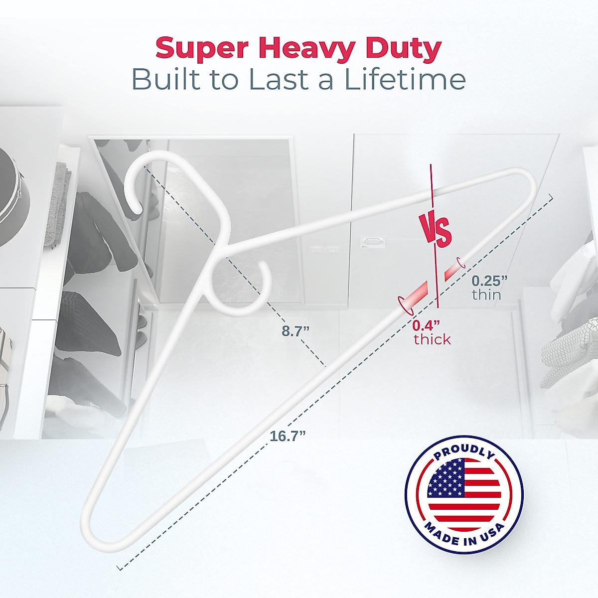 Made in USA Super Heavy Duty Plastic Clothes Hangers Bulk, 20 30 50 100 Pack Available, Strong Plastic Hangers, Plastic Coat Hangers, Plastic Hanger for Closet and Clothing Hangars (24pk White)