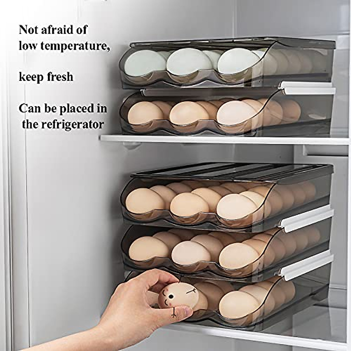 Egg container for refrigerator Automatic Rolling, Egg holder Storage box Drawer, Egg Tray Fridge Organizer For Household, Smart Stackable Devil Egg Container with Lid (Three Layers)