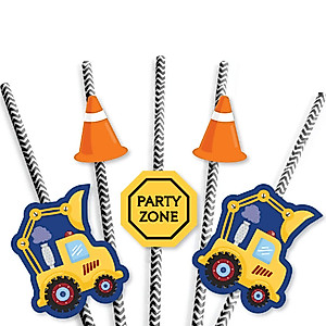 Construction Truck Paper Straw Decor - Baby Shower or Birthday Party Striped Decorative Straws - Set of 24