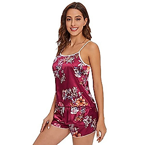 WDIRARA Women's Silk Satin Pajama Set 4 Pieces Sleepwear Loungewear Pj Sets Burgundy M