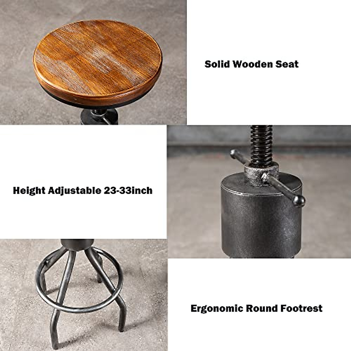 BOKKOLIK Set of 2 Industrial Bar Stool-Vintage Counter Dining Chair-Swivel Stools-Tall Height Adjustable 22-33"